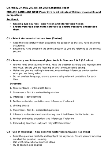 Aqa English Language Paper 2 guide sheet | Teaching Resources