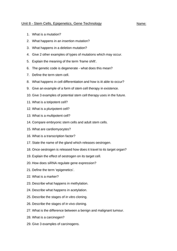 Topic 8 - Stem Cells, Cancer and Gene Technology AQA A Level Fact ...