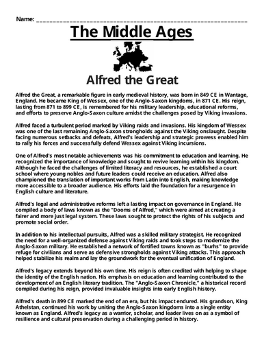Alfred the Great “Article & Questions” Assignment (The Middle Ages ...