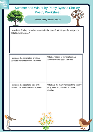 Summer and Winter by Percy Bysshe Shelley Poetry Worksheet | Teaching ...