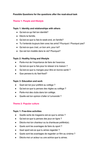 Speaking New Spec Questions: After the read-aloud Task | Teaching Resources