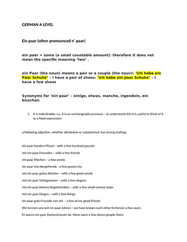 A LEVEL GERMAN revision sheet on the use of 'ein paar' | Teaching Resources