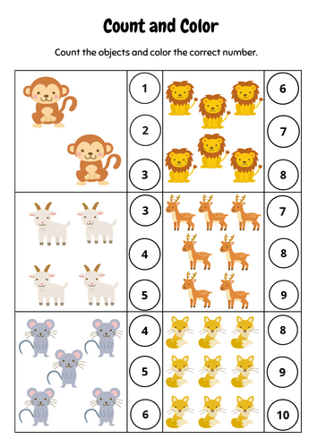 How Many Animals? – Color the Right Number | Teaching Resources