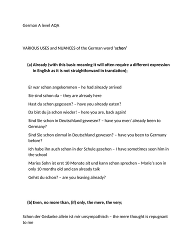 A LEVEL GERMAN the various nuances of the word "Schon" | Teaching Resources