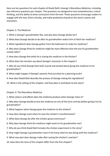George's Marvellous Medicine comprehension all chapters | Teaching ...