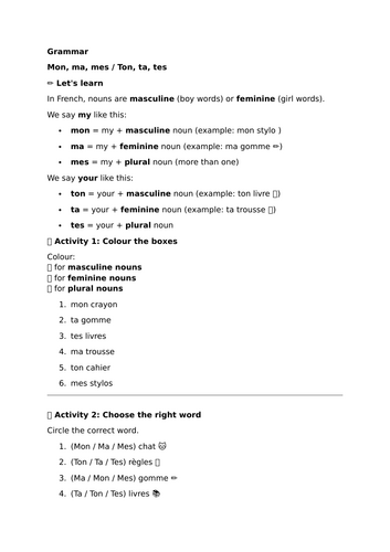 Mon, ma, mes / Ton, ta, tes | Teaching Resources