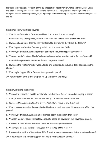 Comprehension Charlie and the Great Glass Elevator all chapters ...