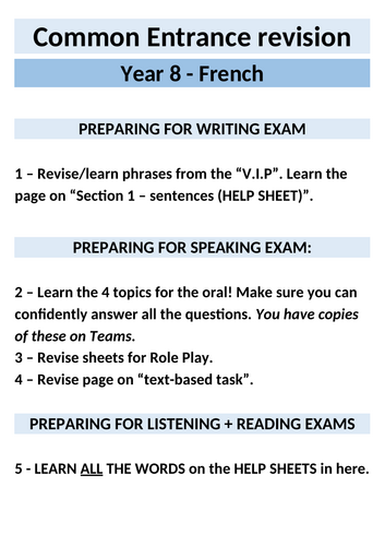 Year 8 - French Common Entrance Revision | Teaching Resources