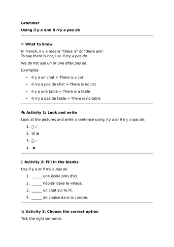 Using il y a and il n'y a pas de | Teaching Resources