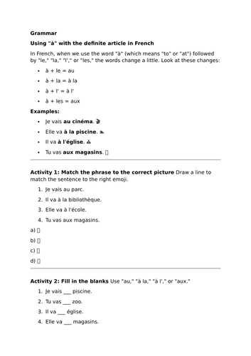 Using “à” with the Definite Article | Teaching Resources