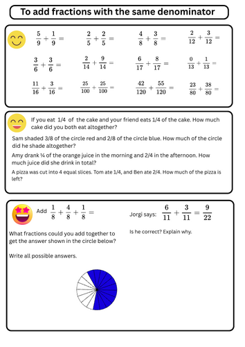 Maths Worksheet - Adding fractions with the same denominator - Year 3 | Teaching Resources