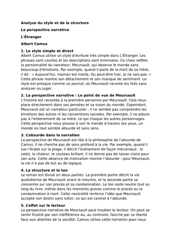L'Étranger - Albert Camus - Style and Structure - Narrative perspective ...