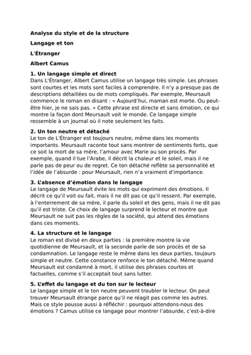 L’Étranger - Albert Camus - Style and Structure - Language and Tone ...