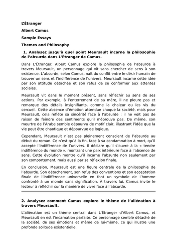 L’Étranger - Albert Camus - Sample Essays - Themes and Philosophy ...