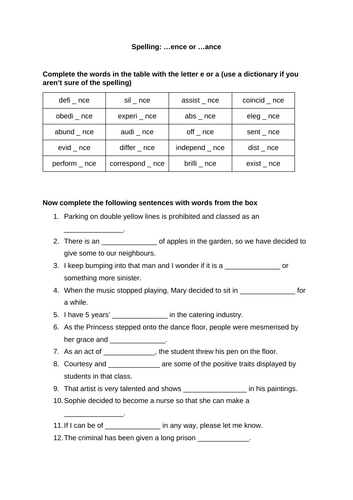 KS3 English Spelling: ence or ance | Teaching Resources