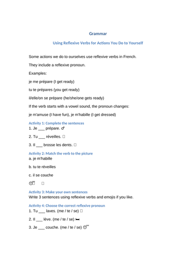 Reflexive verbs (je, tu, il/elle/on) | Teaching Resources