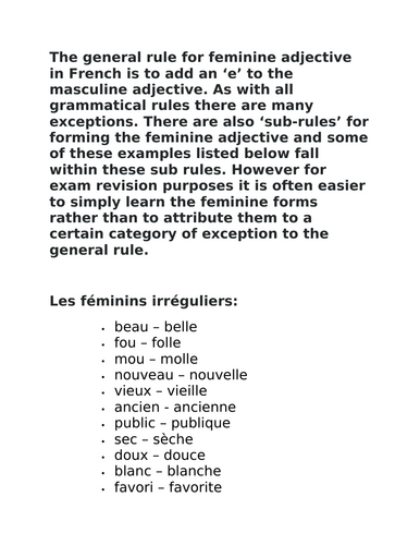 Les féminins irréguliers: A LEVEL FRENCH irregular feminine adjectives ...