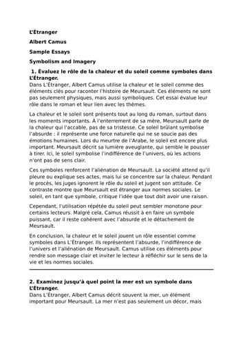 L’Étranger by Albert Camus - Symbolism and Imagery | Teaching Resources