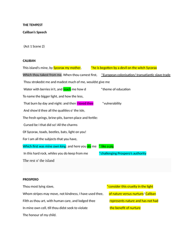 "The Tempest" Caliban's speech "the island's mine" OCR A LEVEL ENGLISH ...