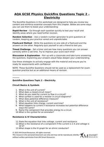 AQA GCSE Physics Quickfire Questions Topic 2: Electricity | Teaching ...