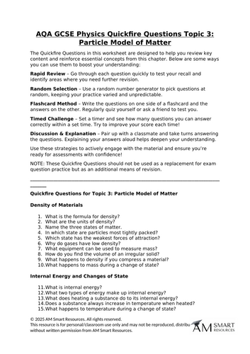 AQA GCSE Physics Quickfire Questions Topic 3: Particle Model of Matter | Teaching Resources