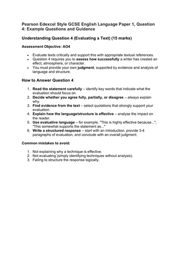 Pearson Edexcel Style GCSE English Language Paper 1, Question 4: Example Questions and Guidance ...