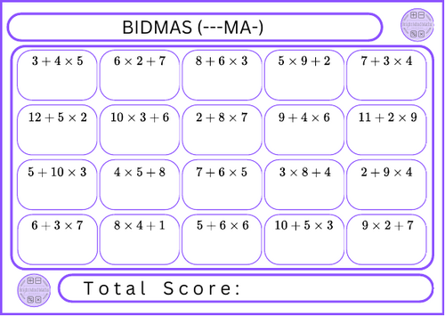BIDMAS (---MA-) - 20 Questions | Teaching Resources