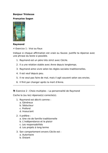 Bonjour Tristesse by Françoise Sagan - Characters - Raymond | Teaching ...