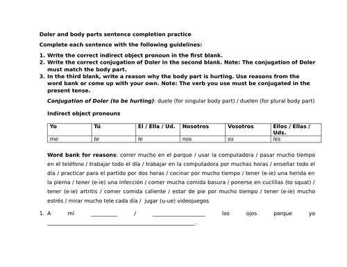 Doler and body parts sentence completion practice | Teaching Resources