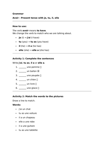 Avoir (Present Tense) with je, tu, il, elle | Teaching Resources