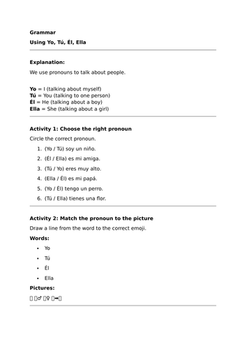 Using Yo, Tú, Él, Ella | Teaching Resources