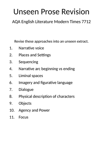 Unseen Prose Revision AQA English Literature A Level 7712 | Teaching ...
