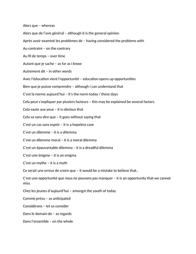advanced phrases and sentence openers for A LEVEL FRENCH speaking exam ...