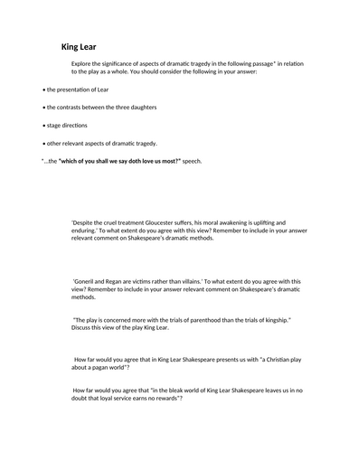 teacher resource A LEVEL ENGLISH LITERATURE essay questions SHAKESPEARE ...