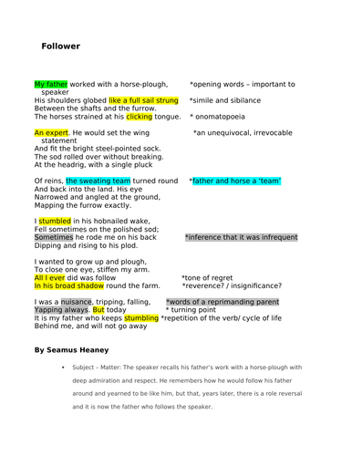 iGCSE ENGLISH LITERATURE poetry " Follower" | Teaching Resources