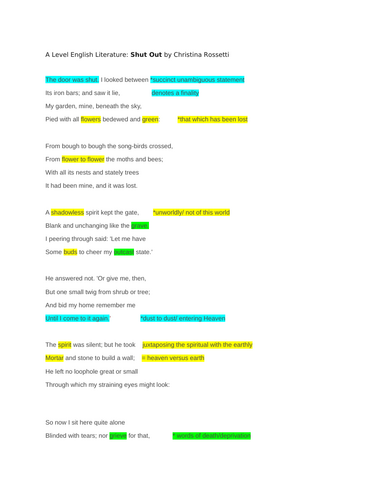 A LEVEL ENGLISH LITERATURE "Shut Out" by Christina Rossetti | Teaching ...