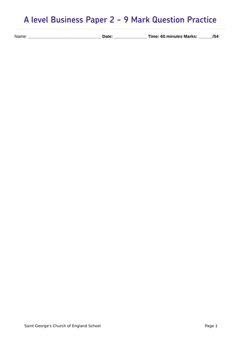 AQA A level Business Paper 2 9 Mark Practice Questions | Teaching Resources