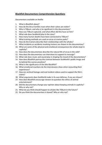 Blackfish Documentary Comprehension Questions | Teaching Resources