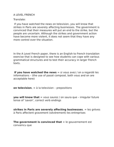 Revision Notes A LEVEL FRENCH translation exercise | Teaching Resources