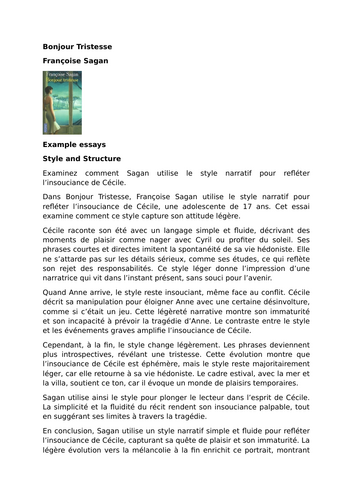 Bonjour Tristesse - Françoise Sagan - Example essays - Style and ...