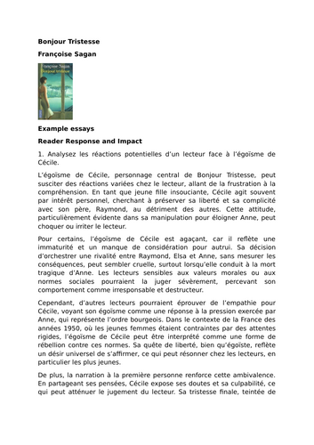 Bonjour Tristesse - Françoise Sagan - Example essays - Reader Response ...