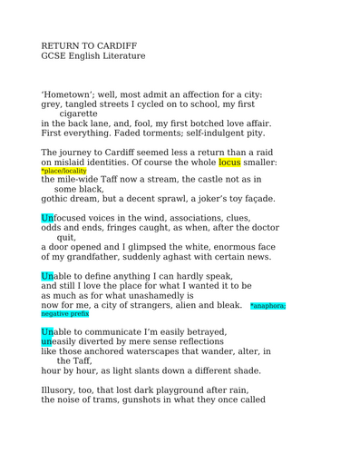 GCSE ENGLISH LITERATURE analysis of "Return to Cardiff" | Teaching ...