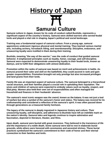 Samurai Culture “Article & Questions” Assignment (Ancient Japan ...