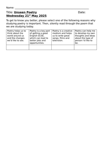 Unseen Poetry | Teaching Resources