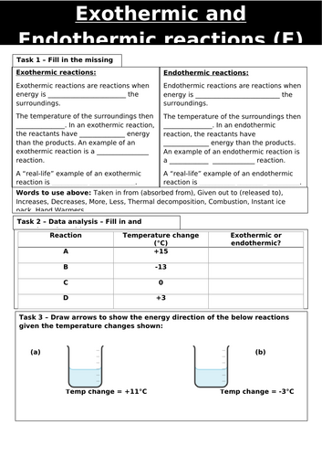 GCSE exothermic and endothermic reactions (F & H) | Teaching Resources