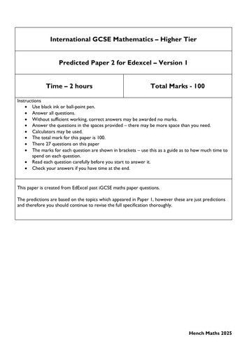 Predicted Paper 2 - iGCSE Maths - Higher - Edexcel | Teaching Resources