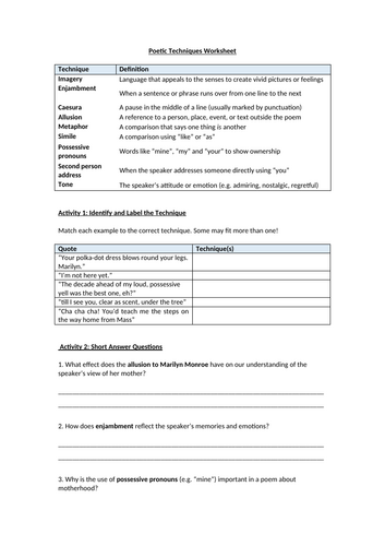 Before You Were Mine - Carol Ann Duffy Worksheet | Teaching Resources