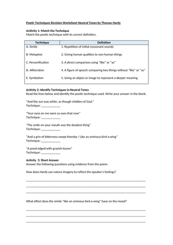Neutral Tones by Thomas Hardy Worksheet | Teaching Resources