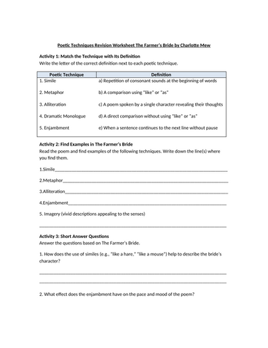 The Farmer’s Bride by Charlotte Mew Worksheet | Teaching Resources