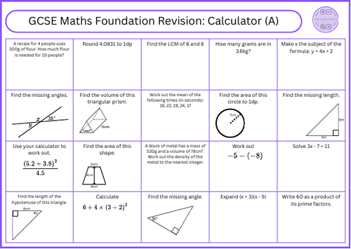 GCSE Maths Foundation Revision Calculator (A) | Teaching Resources